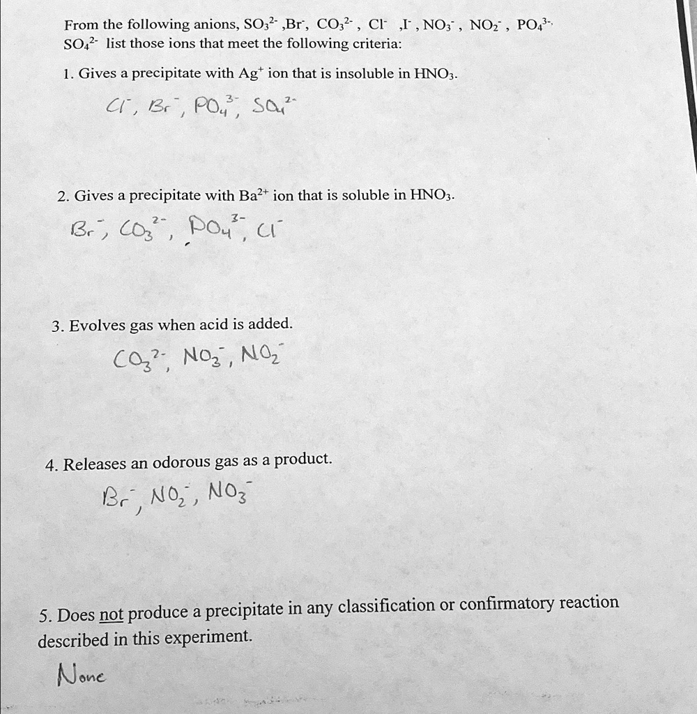 SOLVED: From the following anions, SO3^2-, Br-, CO3^2-, Cl-, I-, NO3-, NO2-, PO4^3-, SO4^2 ...
