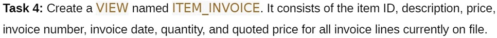 Task 4: Create a VIEW named ITEMINVOICE. It consists of the item ID, description, price, invoice ...