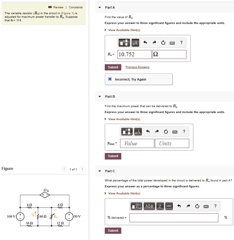 SOLVED: The variable resistor (Ro) in the circuit in Figure 1 is adjusted for maximum power ...