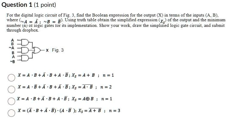 Question 1 (1 point) For the digital logic circuit of Fig. 3, find the ...