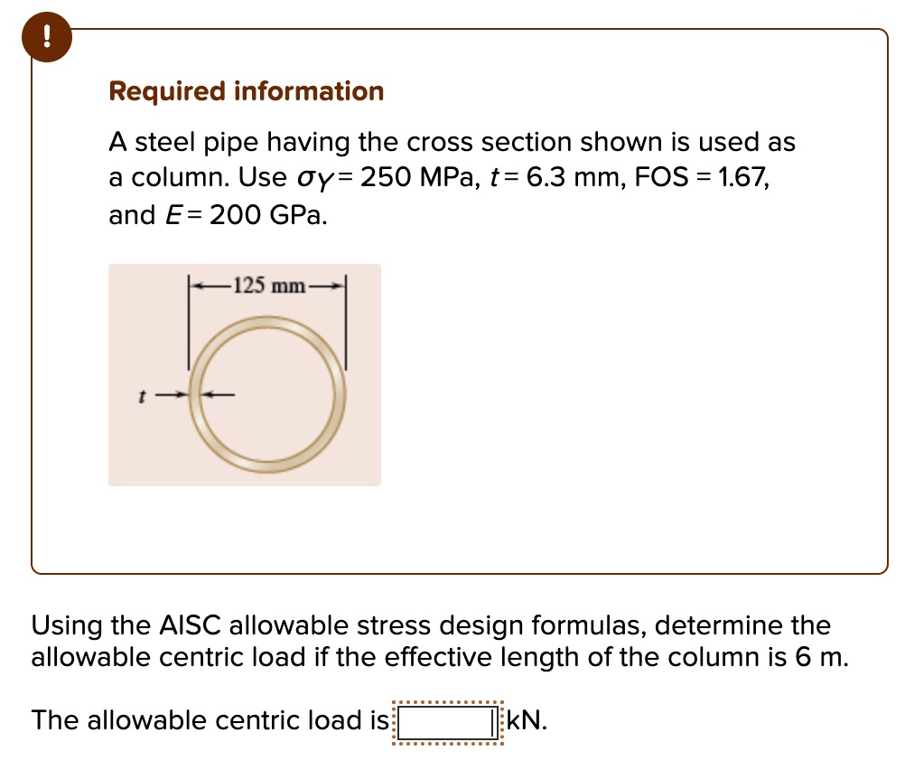 SOLVED: A steel pipe having the cross section shown is used as a column. Use Oy = 250 MPa, t = 6 ...