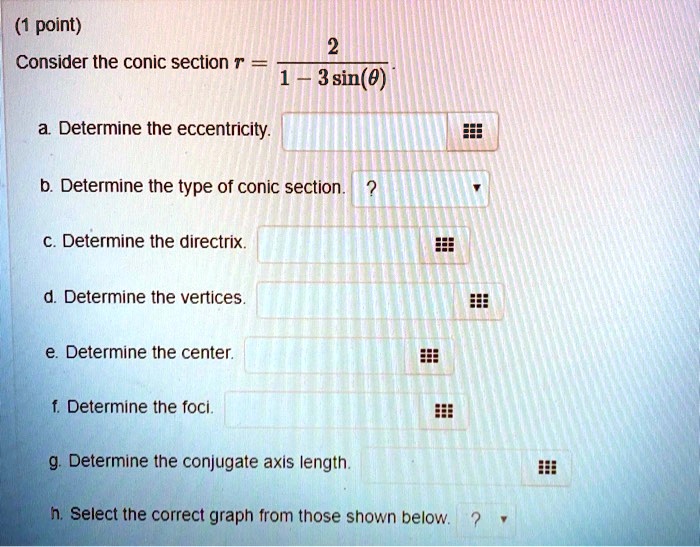 SOLVED: point) Consider the conic section r 3 sin(@) Determine the ... SOLVED: point) Consider the conic section r 3 sin(@) Determine the ...