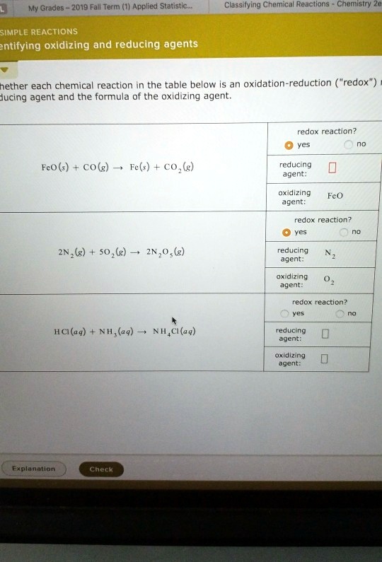 SOLVED: My Grades 2019 Fall Term (1 Applied Statistics) Classifying Chemical Reactions in ...