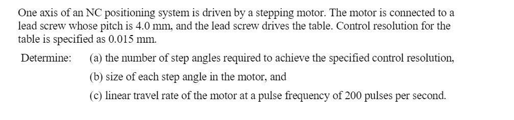 SOLVED: One axis of an NC positioning system is driven by a stepping motor. The motor is ...