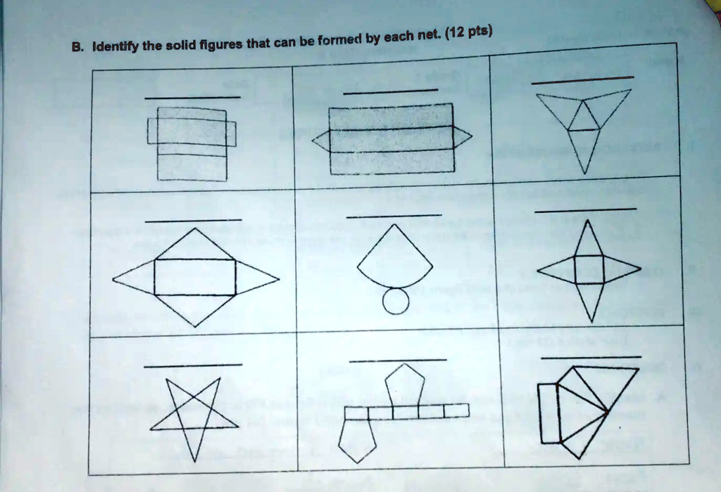 [GET ANSWER] B. Identify the solid figures that can be formed by each net. (12 pts)