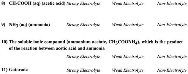 SOLVED: CH;COOH (aq) (acetic acid) Strong Electrolyte Weak Electrolyte ...