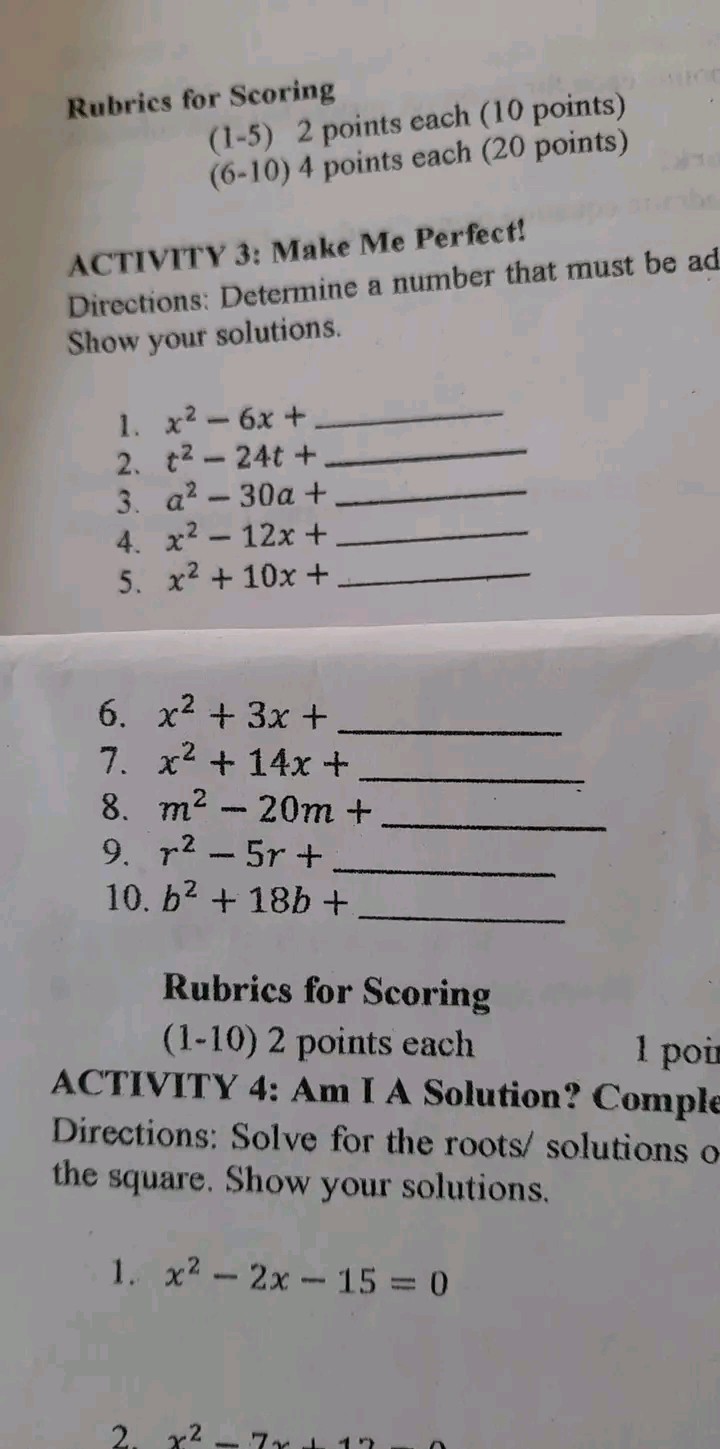 SOLVED: Rubrics for Scoring (1-5) 2 points each (10 points) (6-10) 4 points each (20 points ...