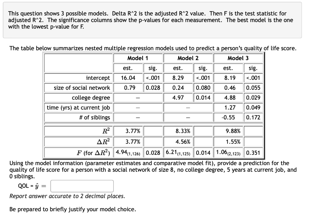 this question shows 3 possible models delta r2 is the adjusted r2 value ...