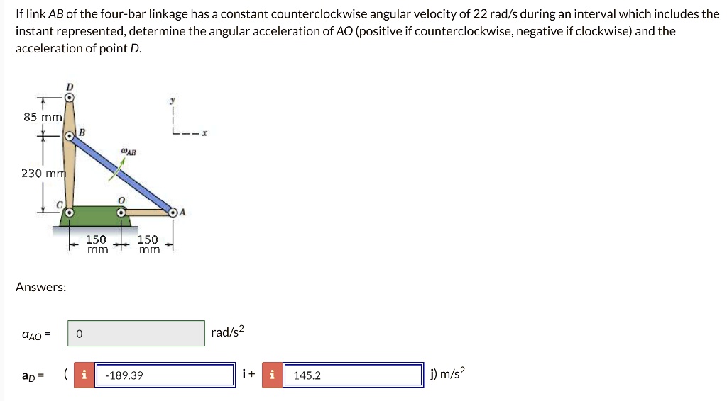 If link AB of the four-bar linkage has a constant counterclockwise angular velocity of 22 rad/s ...