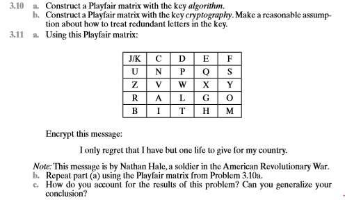 3.10 a. Construct a Playfair matrix with the key algorithm. b. Construct a Playfair matrix with ...