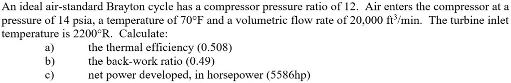 SOLVED: An ideal air-standard Brayton cycle has a compressor pressure ...