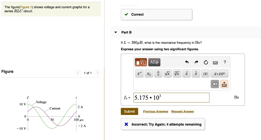SOLVED: The figure(Figure 1) shows voltage and current graphs for series RLC circuit, Correct ...