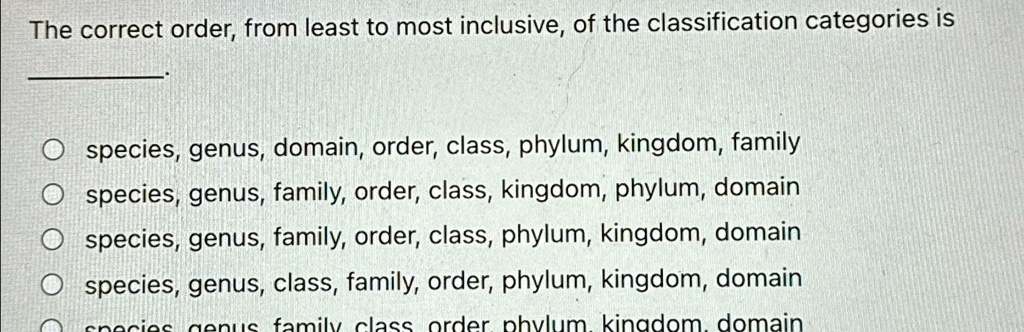 The correct order, from least to most inclusive, of the classification ...