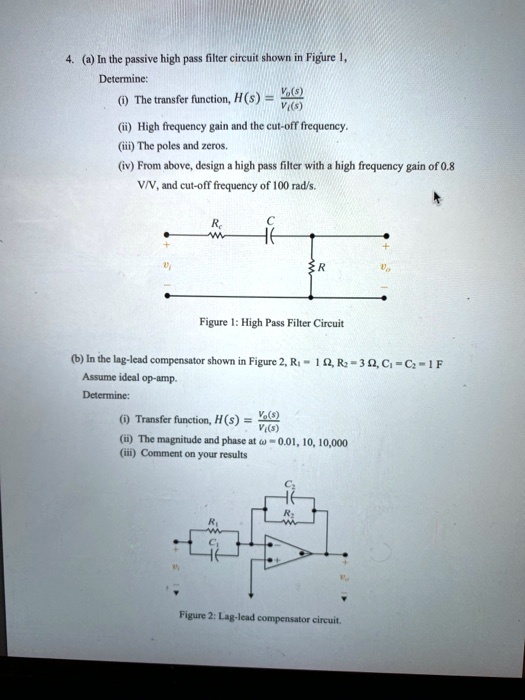 SOLVED: In the passive high pass filter circuit shown in Figure 1, determine: Vs (ii) The poles ...