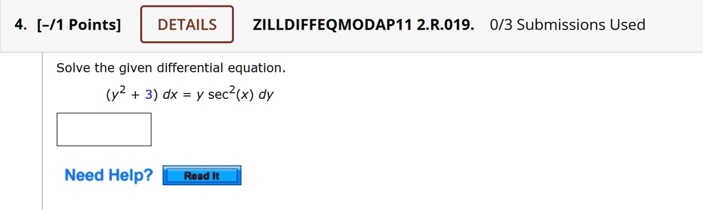 SOLVED: Texts: Solve the given differential equation. (y^2 + 3) dx = y sec^2(x) dy