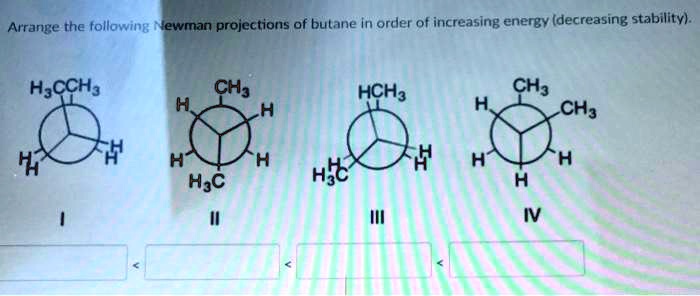 SOLVED: Arrange the following Newman projections of butane in order of increasing energy ...