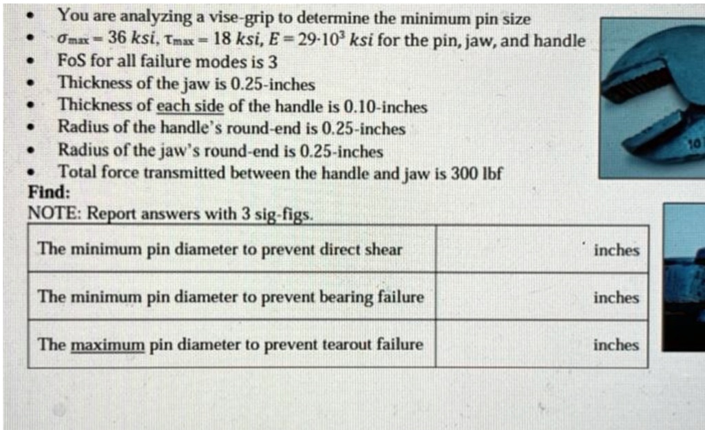 SOLVED: You are analyzing a vise-grip to determine the minimum pin size σmax = 36 ksi, τmax = 18 ...