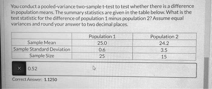 SOLVED: Texts: You conduct a pooled-variance two-sample t-test to test ...