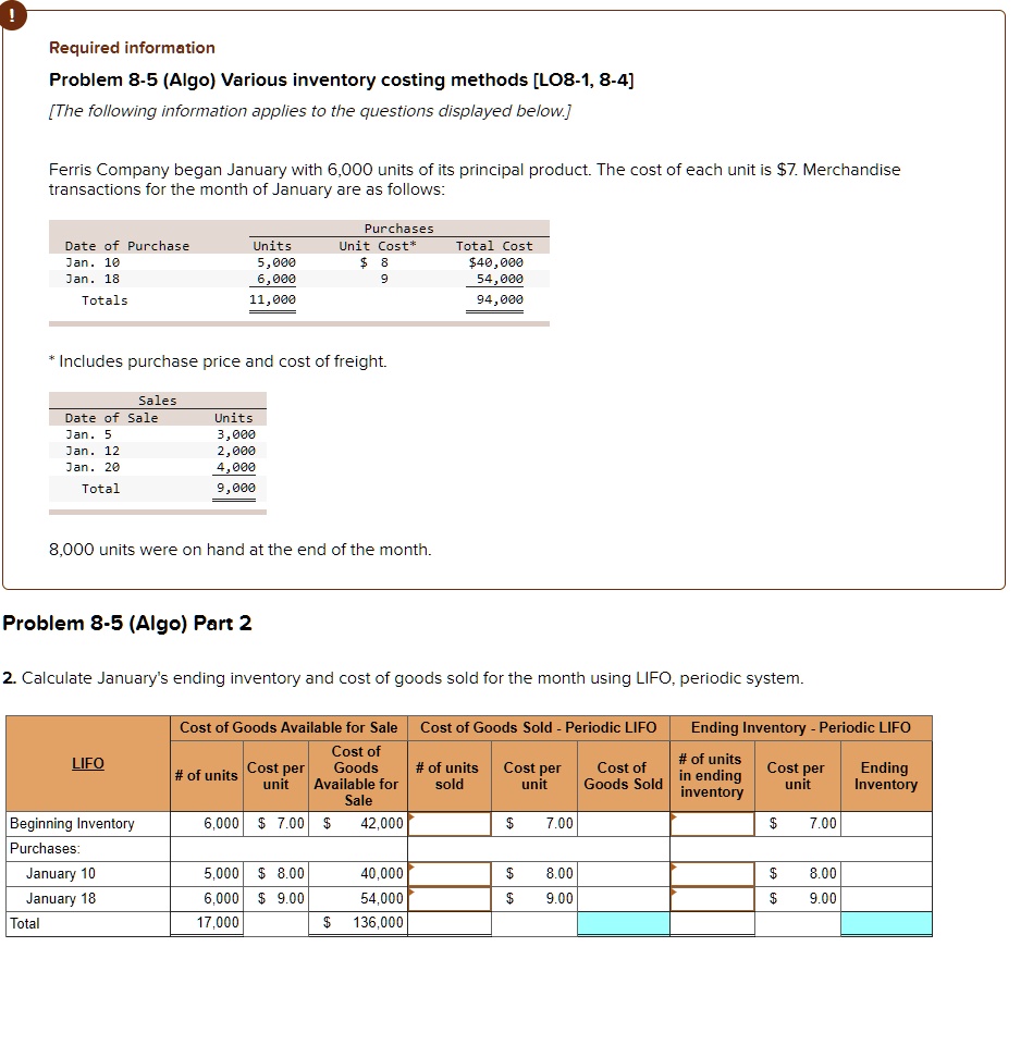 problem 8 5 algo various inventory costing methods lo8 1 8 4 skip to question the following ...