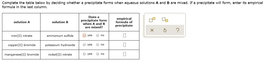 Complete the table below by deciding whether precipitate forms when ...
