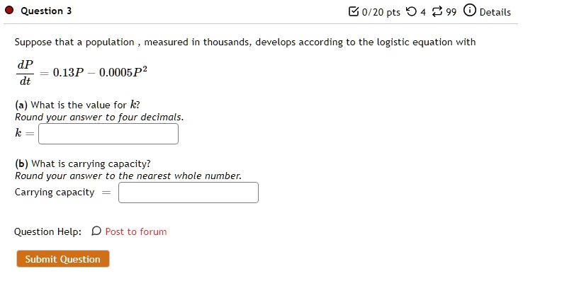 SOLVED: Question G0/2o pts 0 4 Details Suppose that population measured ...