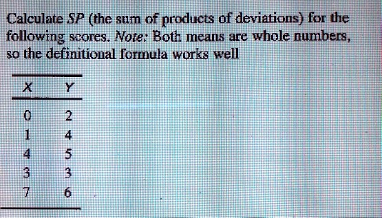 Calculate SP (the sum of products of deviations) for the following scores. Note: Both means are ...