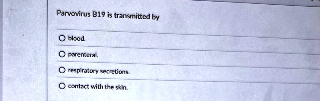 Parvovirus B19 is transmitted by O blood. O parenteral. O respiratory ...