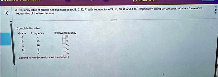 SOLVED: Texts: A frequency table of grades has five classes A, B, C, D, F with frequencies of 3 ...