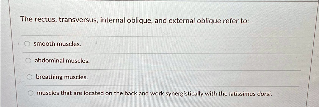 The rectus, transversus, internal oblique, and external oblique refer ...