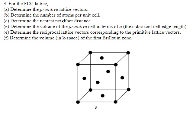3. For the FCC lattice, (a) Determine the primitive lattice vectors. (b ...