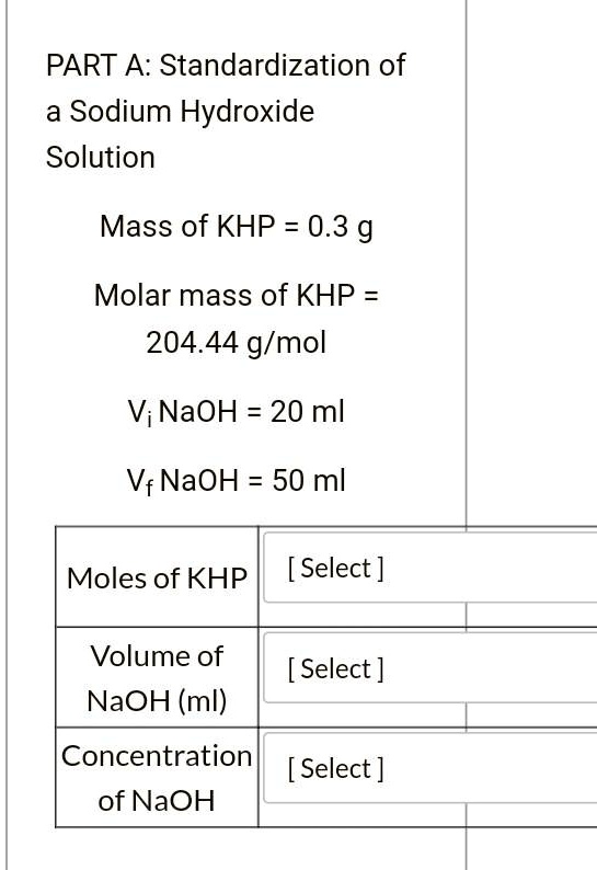 SOLVED: PART A: Standardization of Sodium Hydroxide Solution Mass of KHP = 0.3 g Molar mass of ...