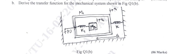 b. Derive the transfer function for the mechanical system shown in Fig Q1(b). Fig Q1(b) (06 Marks)