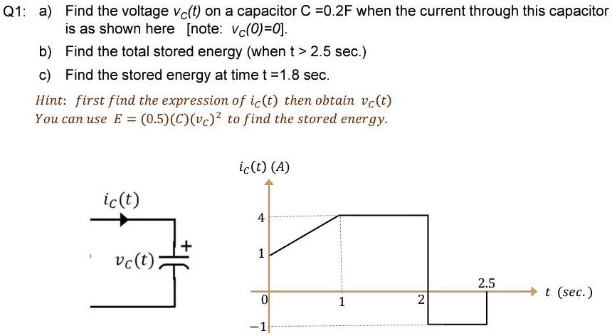 SOLVED: Q1: a) Find the voltage Vc(t) on a capacitor C=0.2F when the current through this ...
