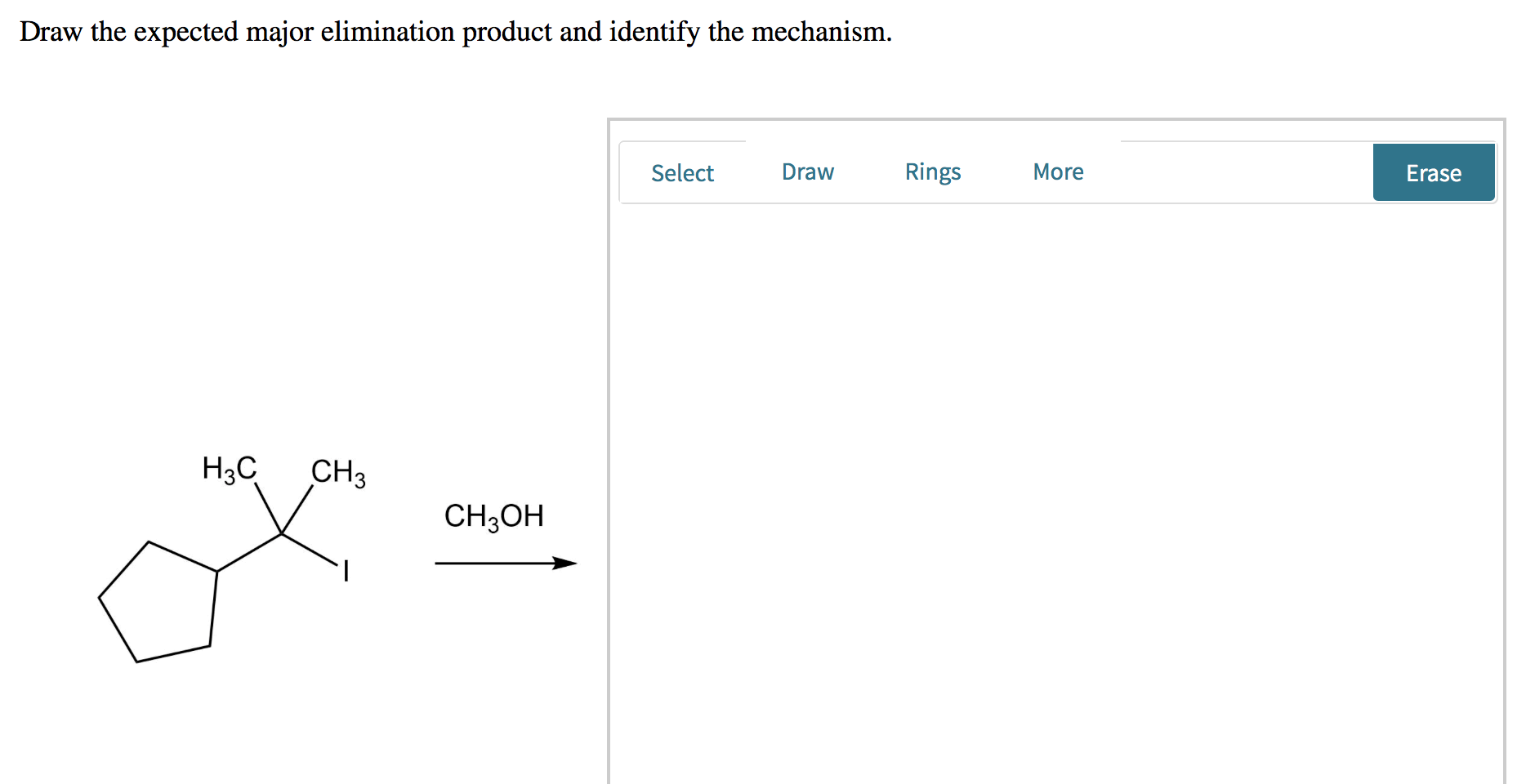 Draw the expected major elimination product and identify the mechanism. Select Draw Rings More ...