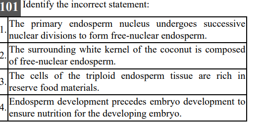 101 Identify the incorrect statement: 1. The primary endosperm nucleus ...
