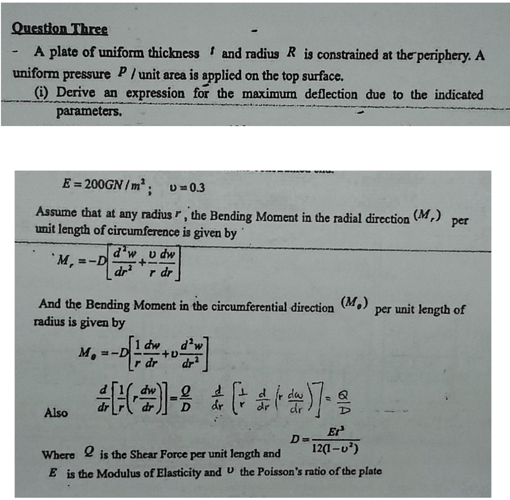 question three a plate of uniform thickness t and radius r is constrained at the periphery a ...