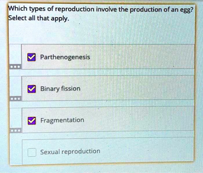 SOLVED: Which types of reproduction involve the production of an egg? Select all that apply ...