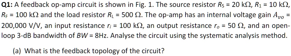 Q1: A feedback op-amp circuit is shown in Fig. 1. The source resistor Rs = 20 kΩ, R1 = 10 kΩ, RF ...