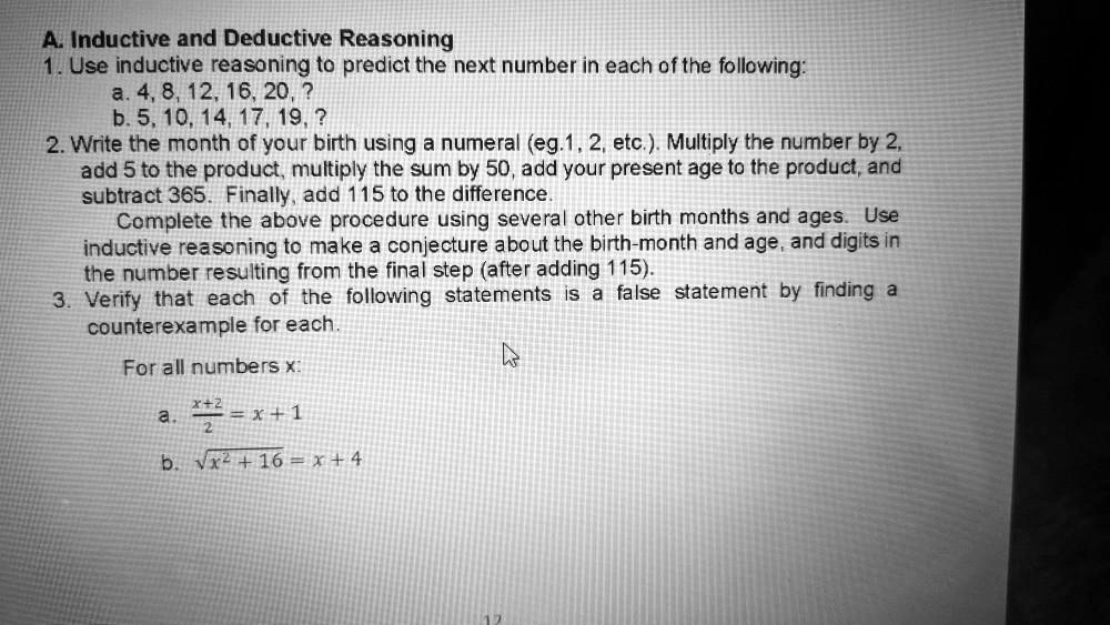 SOLVED: A. Inductive and Deductive Reasoning Use inductive reasoning to ...