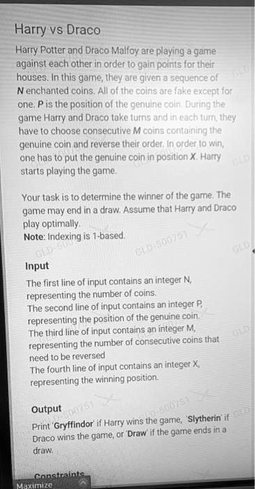 Harry vs Draco Harry Potter and Draco Malfoy are playing a game against ...