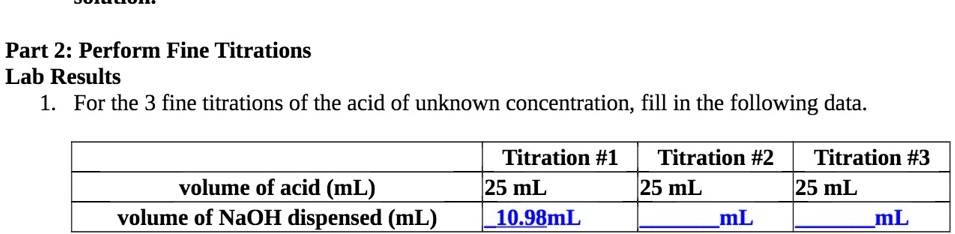 Part 2: Perform Fine Titrations Lab Results 1. For the 3 fine titrations of the acid of unknown ...
