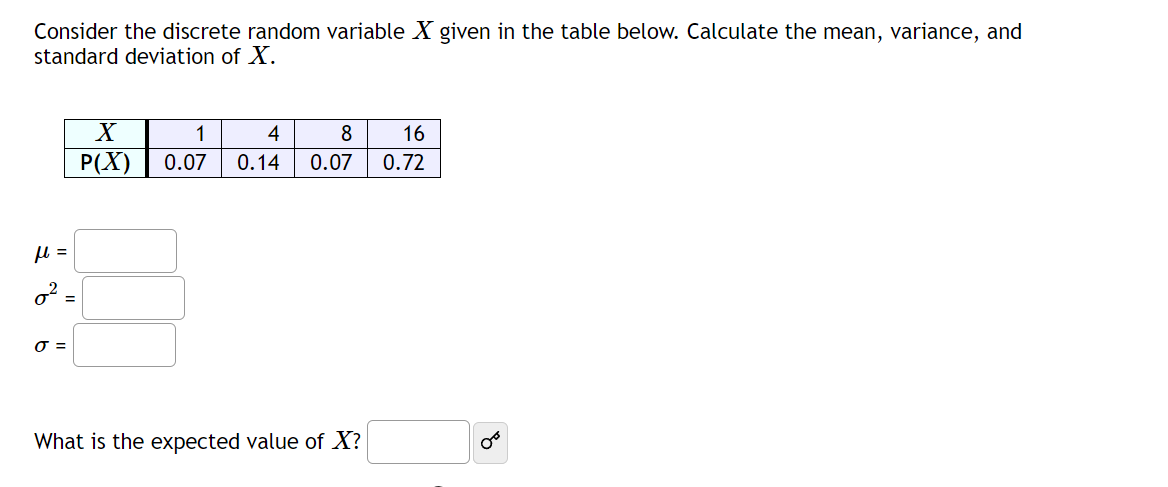 Solved Consider The Discrete Random Variable X Given In The Table Below Calculate The Mean