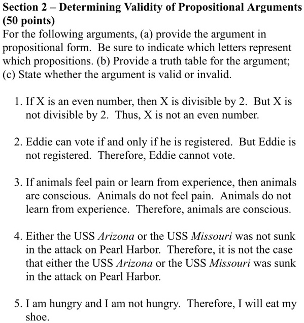 Solved Section 2 Determining Validity Of Propositional Arguments 50 Points For The Following