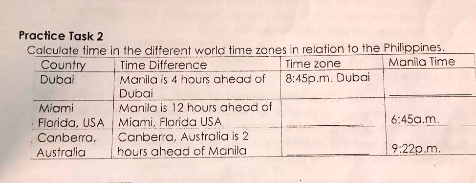 SOLVED: Practice Task 2: Calculate time in the different world time ...
