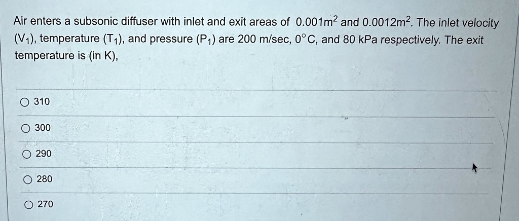 SOLVED: THERMODYNAMIC PROBLEM! Air enters a subsonic diffuser with inlet and exit areas of 0 ...