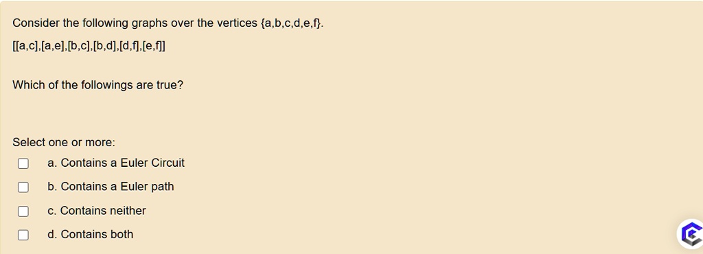 SOLVED: Consider the following graphs over the vertices a,b,c,d,e;f. [[a,c] [a,e] [b,c] [b,d] [d ...