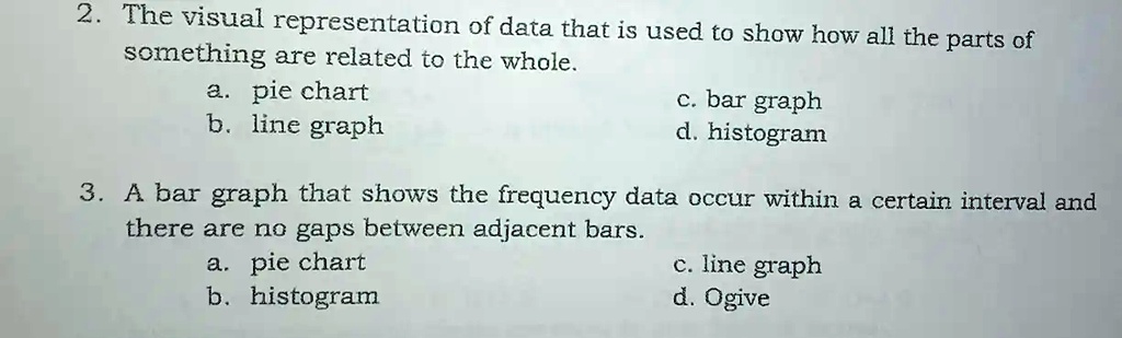 SOLVED: 2 The visual representation of data that is used to show how ...