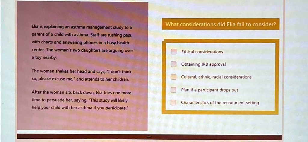 [GET ANSWER] elia is explaining an asthma management study to a parent ...