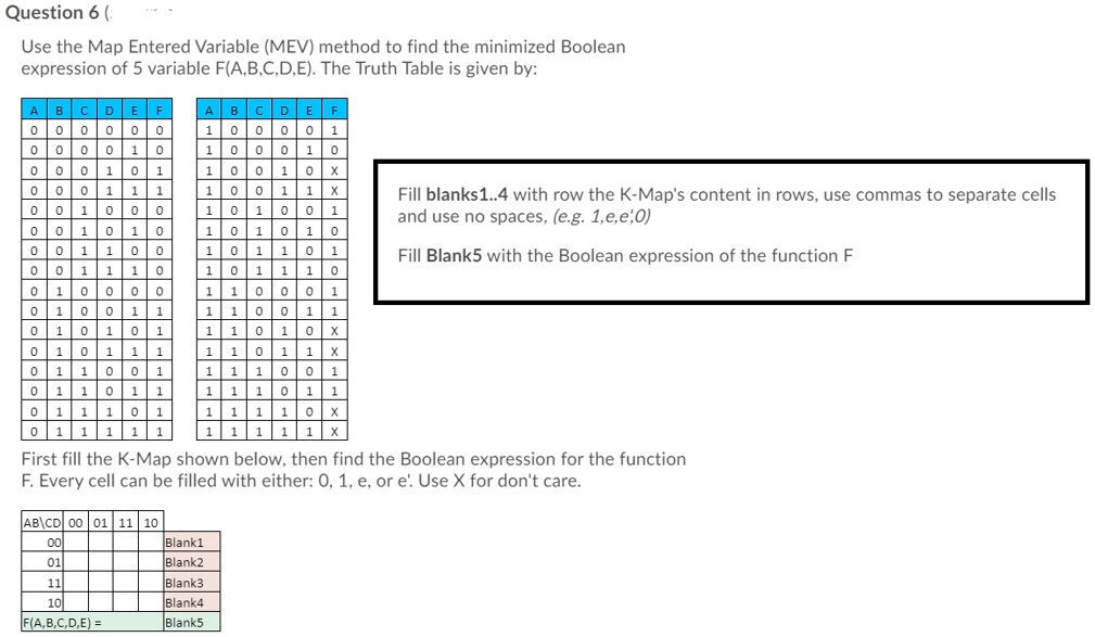 SOLVED: Question 6 ( Use the Map Entered Variable (MEV) method to find the minimized Boolean ...