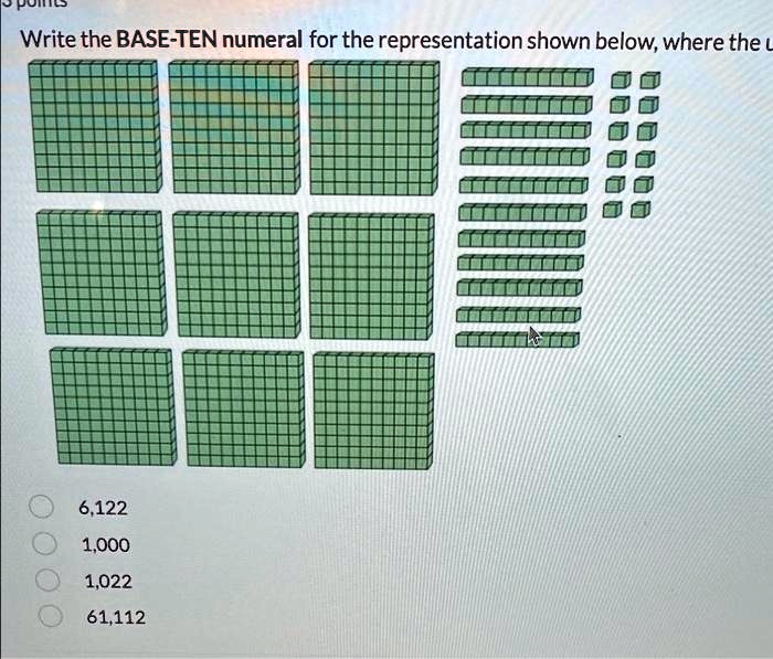 SOLVED: The BASE-TEN numeral for the representation shown below is ...